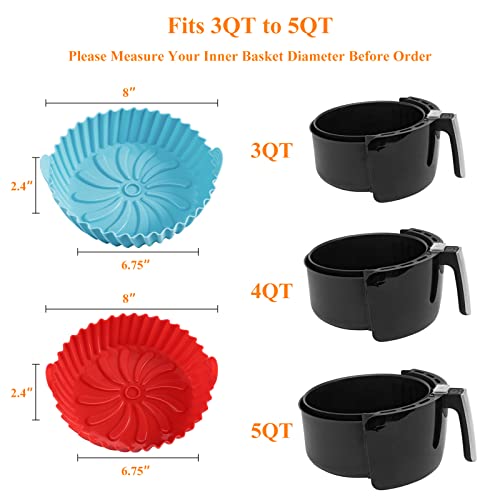 Stron-Dura 2 Pack Air Fryer Liners for 3 to 5 QT, Air Fryer Silicone Liners ，Easy clean Reusable Silicone Air Fryer Liners, Blue + Red, (Top 8in, Bottom 6.75 In)