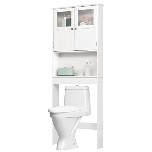 Karl home Over The Toilet Storage Cabinet Bathroom Organizer Over Toilet Free Standing Above Toilet Rack with Adjustable Shelf, Open Shelf, Acrylic Glass Doors, White