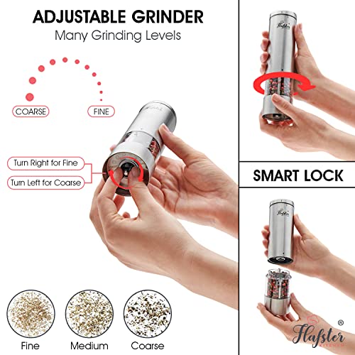 Electric Salt and Pepper Grinder Set - Automatic Salt Pepper Mills with Light - Battery Operated Salt and Pepper Shakers with Stand - Refillable Pepper Grinders with Adjustable Coarseness