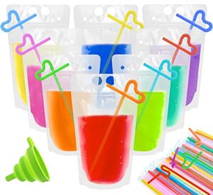 200 pcs drink pouches for adults, reusable plastic juice pouches stand-up smoothie drink pouches with straw funnel for cool summer party, cold hot drinks