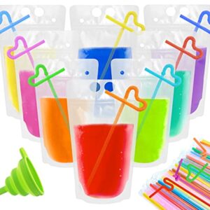 200 Pcs Drink Pouches for Adults, Reusable Plastic Juice Pouches Stand-up Smoothie Drink Pouches with Straw Funnel for Cool Summer Party, Cold Hot Drinks