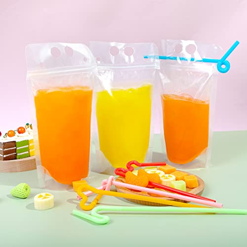 200 Pcs Drink Pouches for Adults, Reusable Plastic Juice Pouches Stand-up Smoothie Drink Pouches with Straw Funnel for Cool Summer Party, Cold Hot Drinks