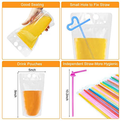 200 Pcs Drink Pouches for Adults, Reusable Plastic Juice Pouches Stand-up Smoothie Drink Pouches with Straw Funnel for Cool Summer Party, Cold Hot Drinks