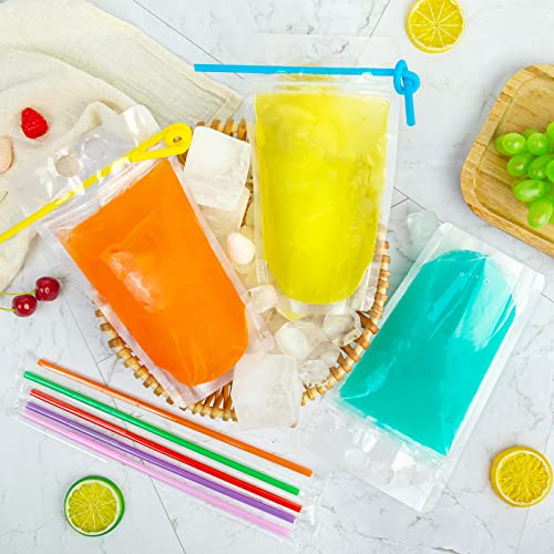 200 Pcs Drink Pouches for Adults, Reusable Plastic Juice Pouches Stand-up Smoothie Drink Pouches with Straw Funnel for Cool Summer Party, Cold Hot Drinks