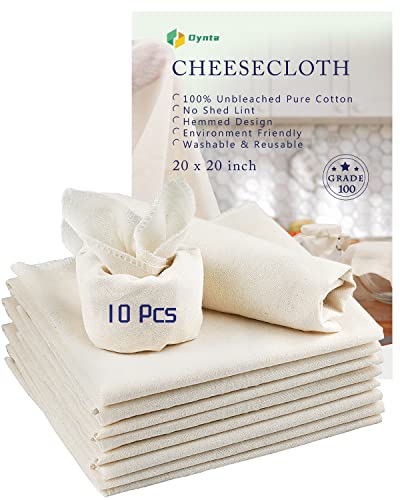 Grade 100 Hemmed Cheesecloth, 10 Pieces 100% Unbleached Cotton 20 x 20 Inches Cheese Cloths, Perfect for Straining, Filtering, Canning, Crafting, Covering and Polishing