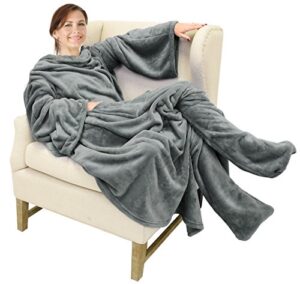 catalonia wearable fleece blanket with sleeves and foot pockets for adult women men, micro plush comfy wrap sleeved throw blanket robe large, grey