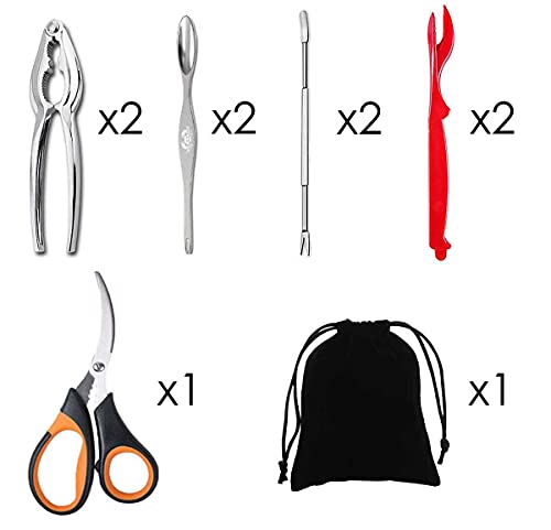 Artcome Seafood Tools Set - 2 Crab Crackers, 2 Lobster Shellers, 2 Seafood Forks, 2 Wide Crab Forks, 1 Seafood Scissors and 1 Storage Bag