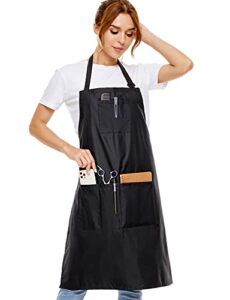 izzycka hair stylist apron - salon aprons pu waterproof protective coated - bleach proof barber apron for women/men with pockets.for cosmetologist -dog grooming - dishwashing apron black