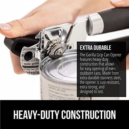 Gorilla Grip Heavy Duty Stainless Steel Smooth Edge Manual Hand Held Can Opener With Soft Touch Handle, Rust Proof Oversized Handheld Easy Turn Knob, Best Large Lid Openers for Kitchen, Black