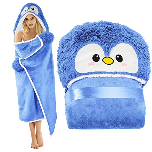 Penguin Wearable Hooded Blanket for Adults – Super Soft Warm Cozy Plush Flannel Fleece & Sherpa Hoodie Throw Cloak Wrap - Penguin Gifts for Women Adults Girls and Kids