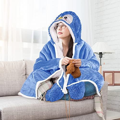 Penguin Wearable Hooded Blanket for Adults – Super Soft Warm Cozy Plush Flannel Fleece & Sherpa Hoodie Throw Cloak Wrap - Penguin Gifts for Women Adults Girls and Kids