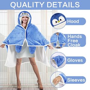 Penguin Wearable Hooded Blanket for Adults – Super Soft Warm Cozy Plush Flannel Fleece & Sherpa Hoodie Throw Cloak Wrap - Penguin Gifts for Women Adults Girls and Kids