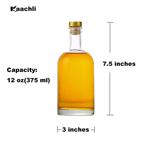 Kaachli Clear Glass Bottles 12 oz - 375ml [Pack of 6] for Wine Beverages Drinks Oil Vinegar Kombucha Beer Water Soda with Cork Stopper Airtight Lid