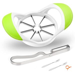 upgraded 4.72 inch 8 super sharp blades stainless steel apple slicer corer and divider, with 1 super sharp stainless steel peeler, 2 stainless steel fruit forks and 1 orange citrus peeler tool