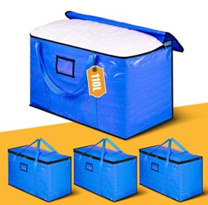 sleeping lamb 110l extra large moving bags heavy duty reusable moving totes boxes storage containers for clothes comforters blankets, carrying, travelling, college dorm packing, 4 packs, blue