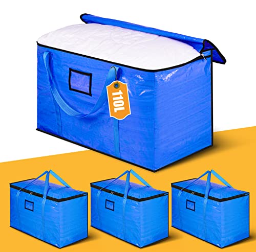 SLEEPING LAMB 110L Extra Large Moving Bags Heavy Duty Reusable Moving Totes Boxes Storage Containers for Clothes Comforters Blankets, Carrying, Travelling, College Dorm Packing, 4 Packs, Blue