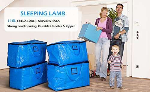 SLEEPING LAMB 110L Extra Large Moving Bags Heavy Duty Reusable Moving Totes Boxes Storage Containers for Clothes Comforters Blankets, Carrying, Travelling, College Dorm Packing, 4 Packs, Blue