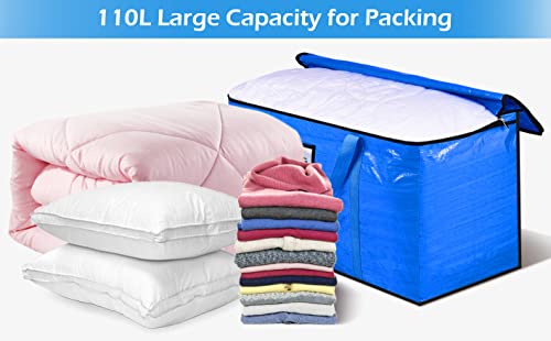 SLEEPING LAMB 110L Extra Large Moving Bags Heavy Duty Reusable Moving Totes Boxes Storage Containers for Clothes Comforters Blankets, Carrying, Travelling, College Dorm Packing, 4 Packs, Blue