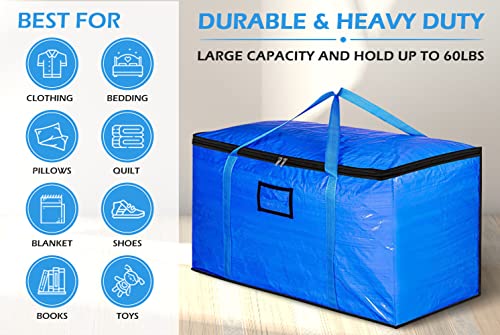 SLEEPING LAMB 110L Extra Large Moving Bags Heavy Duty Reusable Moving Totes Boxes Storage Containers for Clothes Comforters Blankets, Carrying, Travelling, College Dorm Packing, 4 Packs, Blue