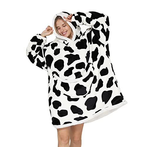 Blanket Hoodie Wearable Oversized Hooded Blanket for Adult Women Super Soft Comfortable Warm Flannel with Giant Pocket and Sleeves Cow