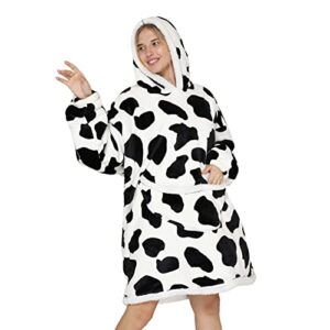 Blanket Hoodie Wearable Oversized Hooded Blanket for Adult Women Super Soft Comfortable Warm Flannel with Giant Pocket and Sleeves Cow