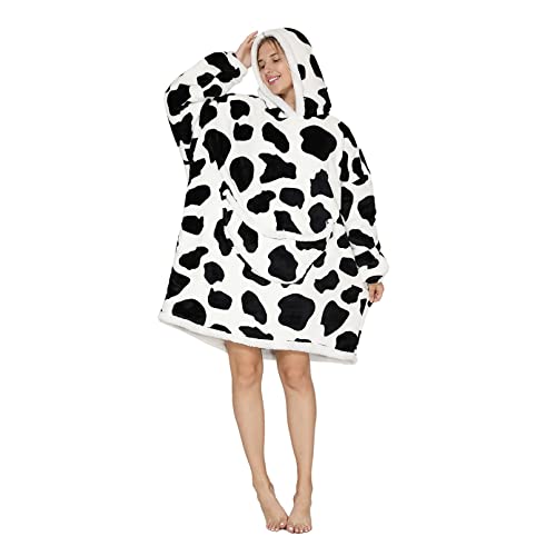 Blanket Hoodie Wearable Oversized Hooded Blanket for Adult Women Super Soft Comfortable Warm Flannel with Giant Pocket and Sleeves Cow