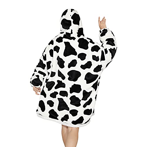 Blanket Hoodie Wearable Oversized Hooded Blanket for Adult Women Super Soft Comfortable Warm Flannel with Giant Pocket and Sleeves Cow