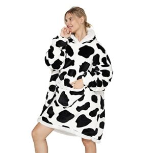 Blanket Hoodie Wearable Oversized Hooded Blanket for Adult Women Super Soft Comfortable Warm Flannel with Giant Pocket and Sleeves Cow