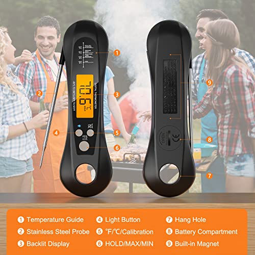 Meat Thermometer Digital, KKQ Instant Read Food Thermometer for Cooking, IP67 Waterproof with Magnet, Foldable Probe, Backlight, Calibration, for Kitchen, Cooking, Grilling, BBQ, Candy, Beef, Turkey