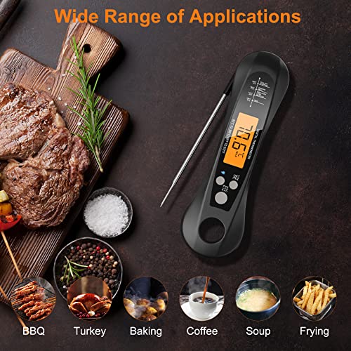 Meat Thermometer Digital, KKQ Instant Read Food Thermometer for Cooking, IP67 Waterproof with Magnet, Foldable Probe, Backlight, Calibration, for Kitchen, Cooking, Grilling, BBQ, Candy, Beef, Turkey