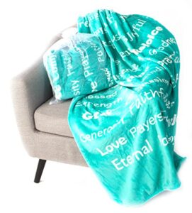 blankiegram christian blanket - “faith” plush throw blanket - inspired gifts ideas for the entire family, comfort gifts, teal