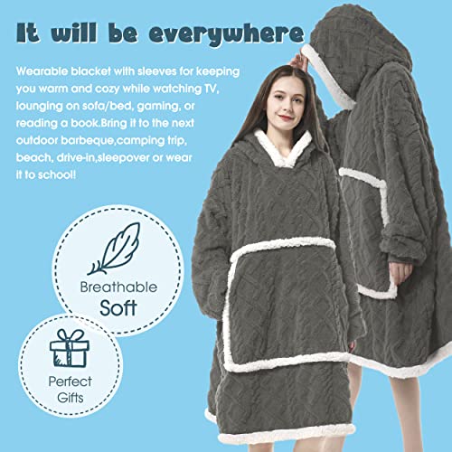 DEZANBO 3D Sherpa Wearable Blanket for Women Men Oversized Blanket Hoodie,Fluffy Sweatshirt,Ultra Soft Comfortable Warm,Oversized Pocket,One Size Fits All,Grey