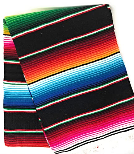 Mexitems Large Authentic Mexican Blanket Colorful Serape Blanket 7' X 5' (Pick Your Color) (Black)