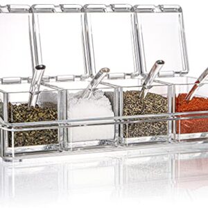 Yesland Clear Seasoning Rack Spice Pots - 4 Piece Storage Container Condiment Jars - Acrylic Seasoning Box, Cruet with Cover and Spoon