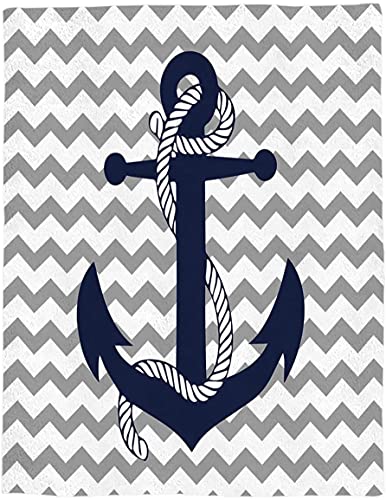 Flannel Fleece Luxury Lightweight Cozy Couch/Bed Super Soft Warm Plush Microfiber Throw Blanket,Nautical Navy Anchor with Gray and White Chevron (40 x 50 Inches)