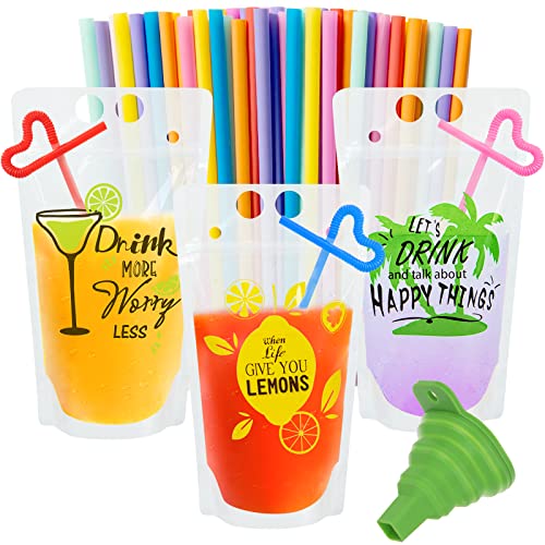 90 Pcs Drink Pouches for Adults, Clear Patterned Juice Pouches for Adults Bags, Reusable Drink Bags for Cold & Hot Drinks with 90 Straws One Funnel(3 Patterns,30 each)