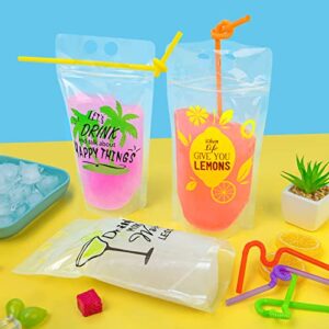 90 Pcs Drink Pouches for Adults, Clear Patterned Juice Pouches for Adults Bags, Reusable Drink Bags for Cold & Hot Drinks with 90 Straws One Funnel(3 Patterns,30 each)