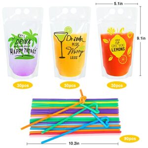 90 Pcs Drink Pouches for Adults, Clear Patterned Juice Pouches for Adults Bags, Reusable Drink Bags for Cold & Hot Drinks with 90 Straws One Funnel(3 Patterns,30 each)