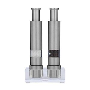 grind gourmet salt and pepper grinder set, original pump & grind peppermill are refillable, modern thumb press grinder, comes with black pepper, sea salt and stand, works with himalayan salts