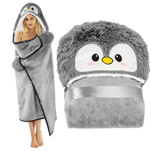 penguin wearable hooded blanket for adults – super soft warm cozy plush flannel fleece & sherpa hoodie throw cloak wrap - penguin gifts for women adults girls and kids