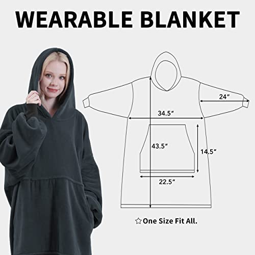 Easy-Going Oversized Wearable Blankets Hoodie for Women and Men, Super Soft and Warm Extra Long Flannel Hoodie Blanket Sweatshirt Sweater with Front Pocket and Sleeves, One Size Fits All, Dark Gray