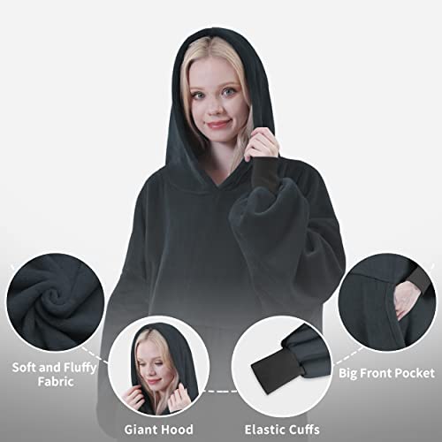 Easy-Going Oversized Wearable Blankets Hoodie for Women and Men, Super Soft and Warm Extra Long Flannel Hoodie Blanket Sweatshirt Sweater with Front Pocket and Sleeves, One Size Fits All, Dark Gray