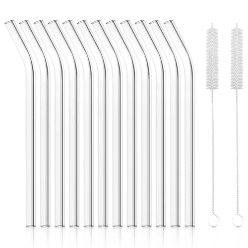 Antner 12 Pack Reusable Glass Straw, 8.5" x 10MM Bent Clear Glass Drinking Straws for Hot & Cold Drinks, 2 Cleaning Brushes Included