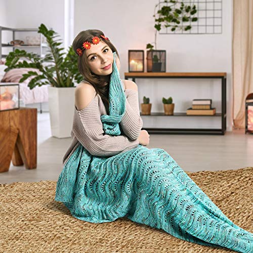 Fu Store Mermaid Tail Blanket Crochet Mermaid Blanket for Women Teens Girls Soft All Seasons Sofa Sleeping Blanket, Cool Birthday Wedding Mother's Day, 71 x 35 Inches, Mint Green