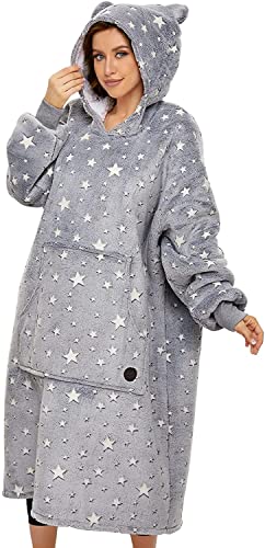 THREE POODLE Wearable Blanket Hoodie, Glow in The Dark Sherpa Hoodie, Oversized Hooded Blanket Sweatshirt for Adults Women Men Kids, Extremely Cozy, Warm, Soft, and Fuzzy