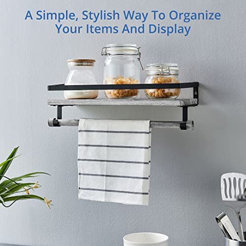 Halter Wall Mounted Floating Shelf with Rail and Wooden Towel Rod, Grey