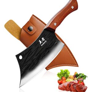 ENOKING Meat Cleaver Hand Forged Chef Knife High Carbon Steel Kitchen Butcher Knife with Full Tang Handle Leather Sheath Chopping Knife for Kitchen, Camping, BBQ (6.3 IN)