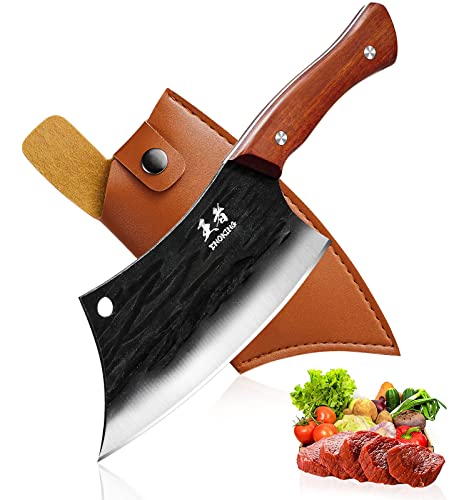 ENOKING Meat Cleaver Hand Forged Chef Knife High Carbon Steel Kitchen Butcher Knife with Full Tang Handle Leather Sheath Chopping Knife for Kitchen, Camping, BBQ (6.3 IN)