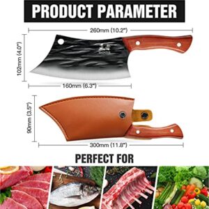 ENOKING Meat Cleaver Hand Forged Chef Knife High Carbon Steel Kitchen Butcher Knife with Full Tang Handle Leather Sheath Chopping Knife for Kitchen, Camping, BBQ (6.3 IN)