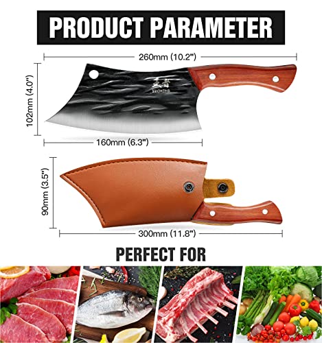 ENOKING Meat Cleaver Hand Forged Chef Knife High Carbon Steel Kitchen Butcher Knife with Full Tang Handle Leather Sheath Chopping Knife for Kitchen, Camping, BBQ (6.3 IN)